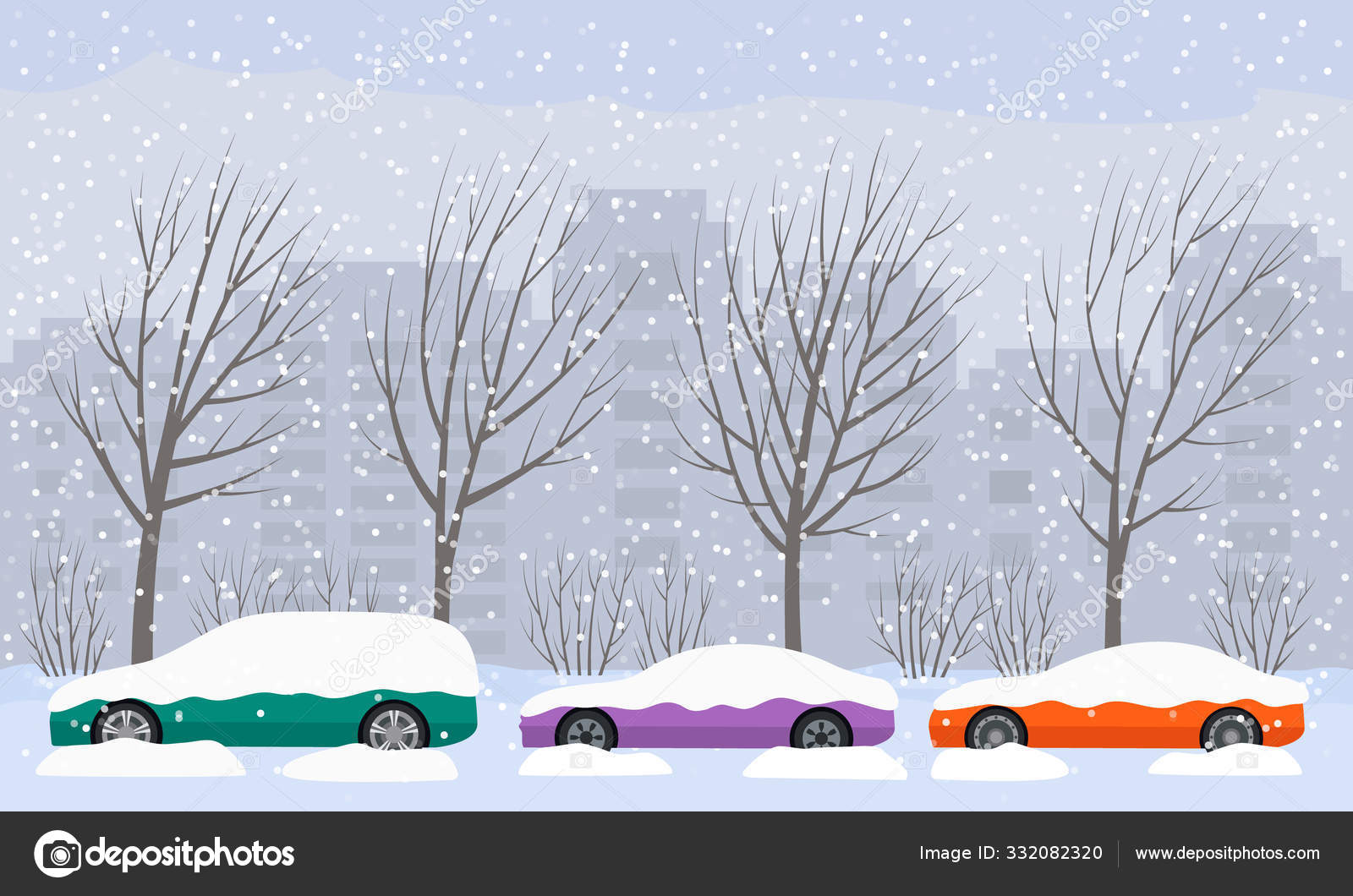 The road swept through the city after heavy snow and hail. parked cars ...