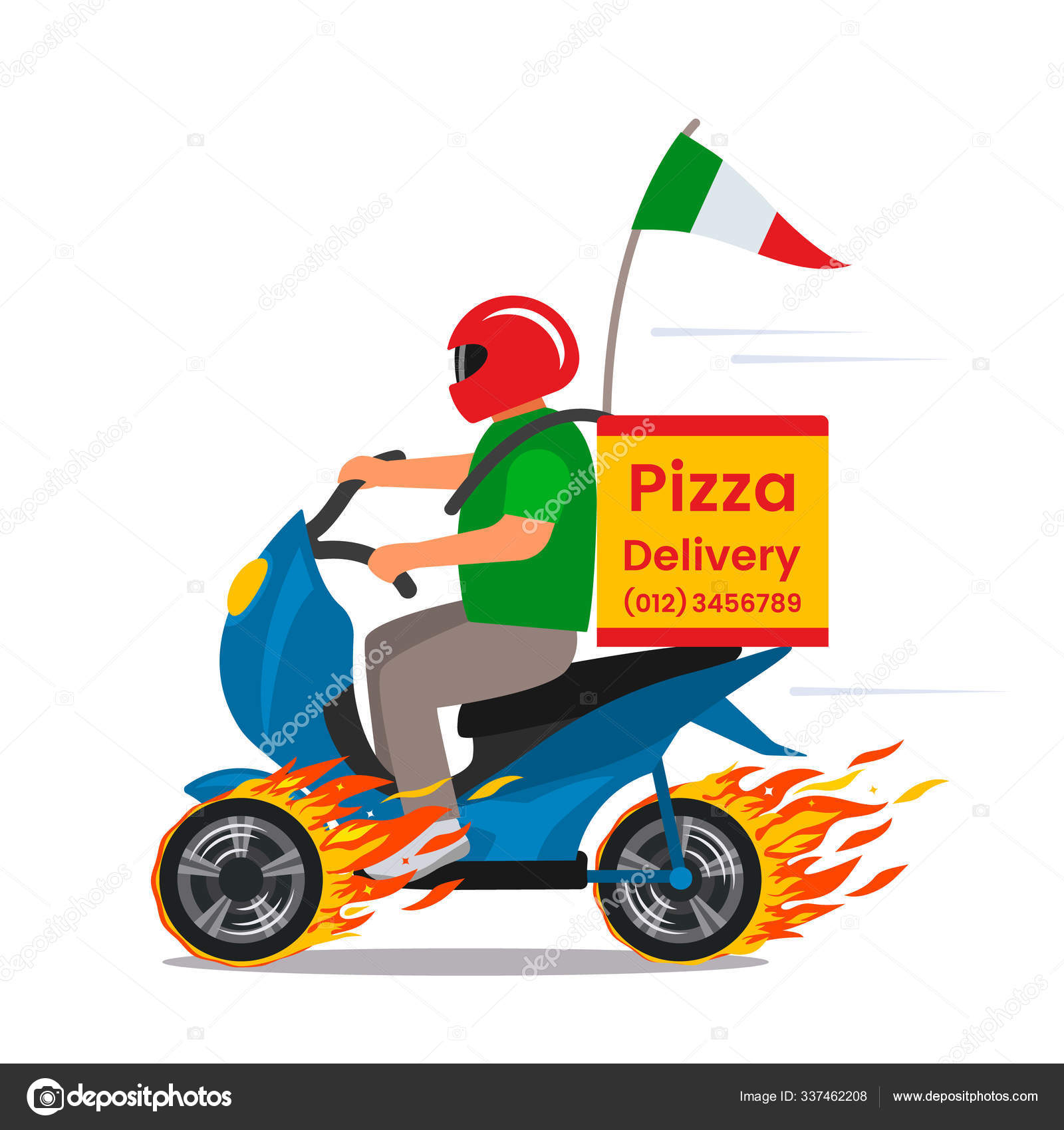 Super fast pizza delivery on a moped on fire wheels. Character young ...