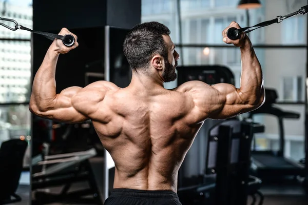 Handsome power athletic man diet training pumping up back muscle ...