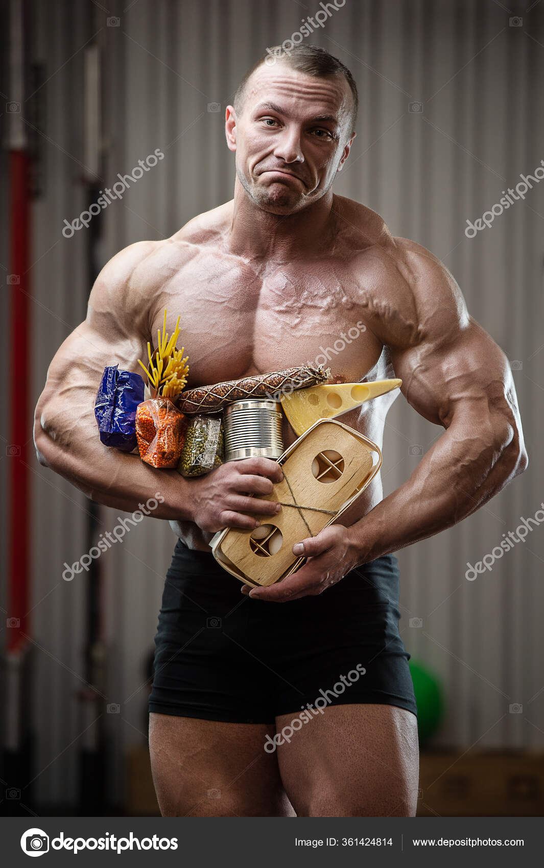 Bodybuilder Athlete Axe Food Gas Mask Gym Muscle Man Cheese Stock Photo ...