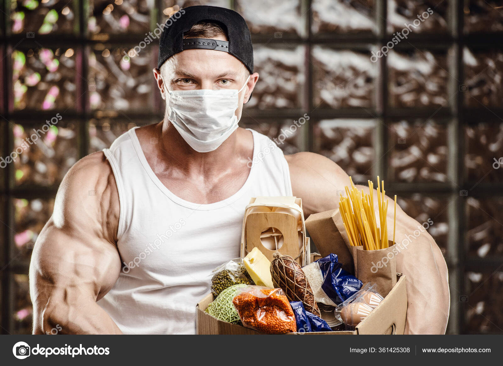 Bodybuilder Athlete Axe Food Gas Mask Gym Muscle Man Cheese Stock Photo ...