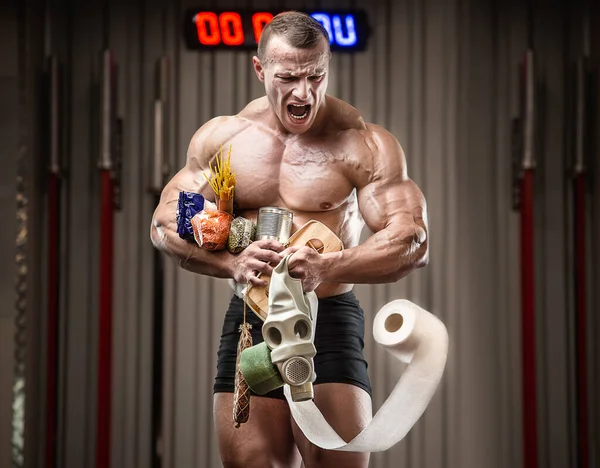 Bodybuilder Athlete Axe Food Gas Mask Gym Muscle Man Cheese Stock Photo ...