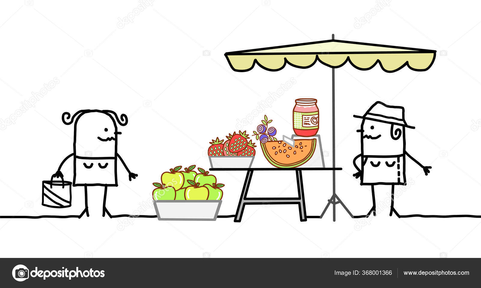 Hand Drawn Cartoon Producer Selling Organic Fruits Market Store Stock ...