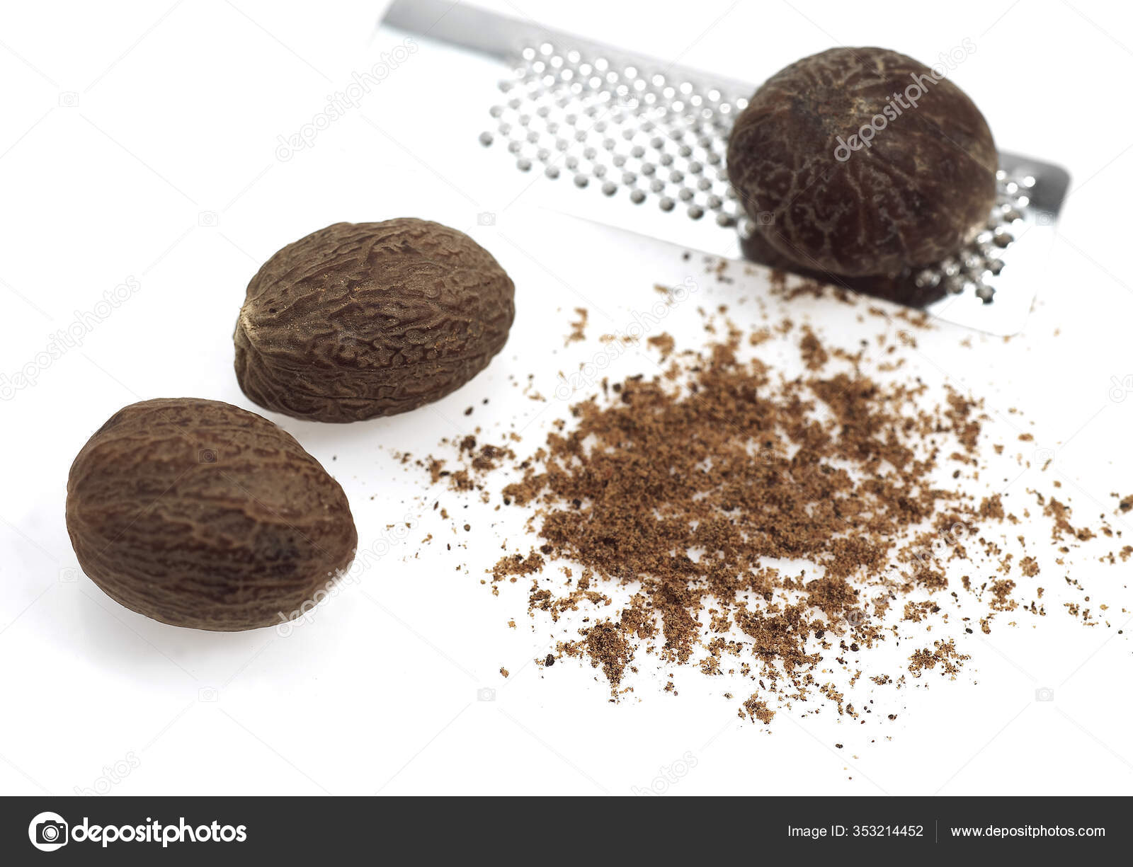 Nutmeg Myristica Fragrans Fruit Powder Grater White Background — Stock ...