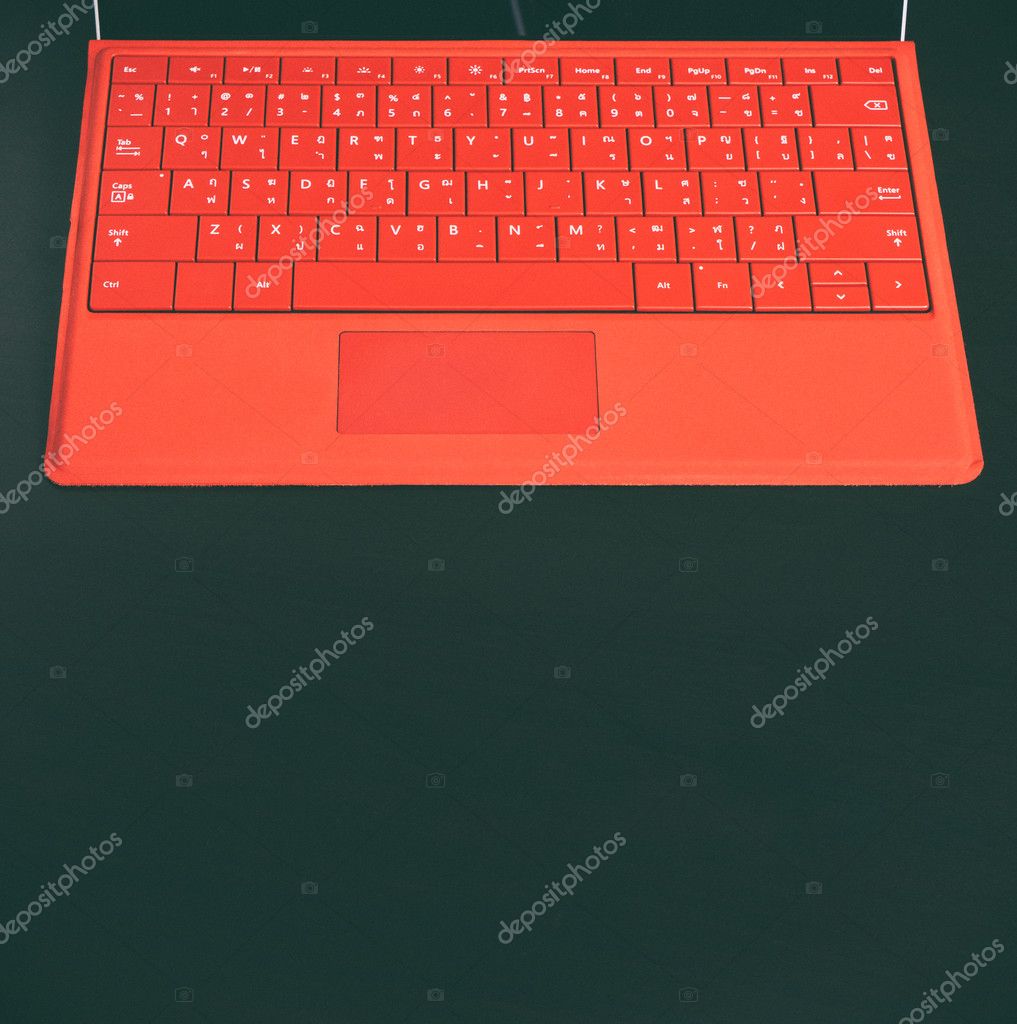 Red Computer laptop keyboard on black copy space background. — Stock ...