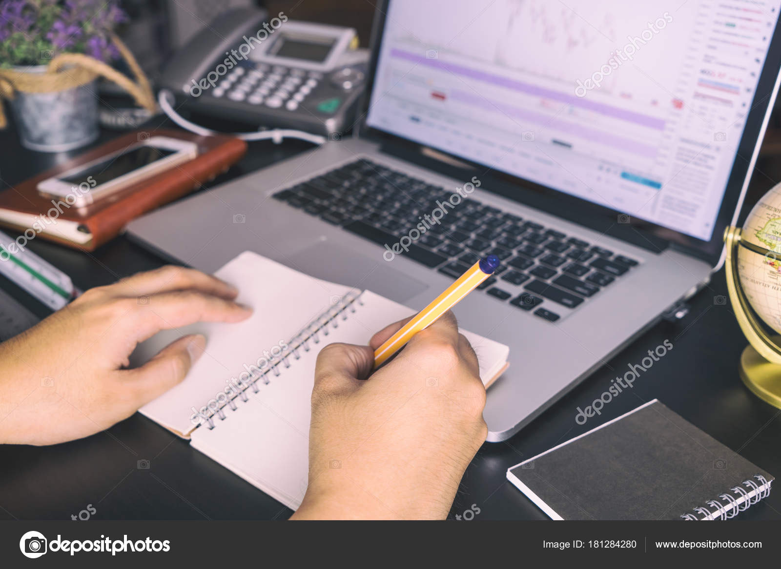 Hand Taking Note Stock Trading Data Computer Screen — Stock Photo ...