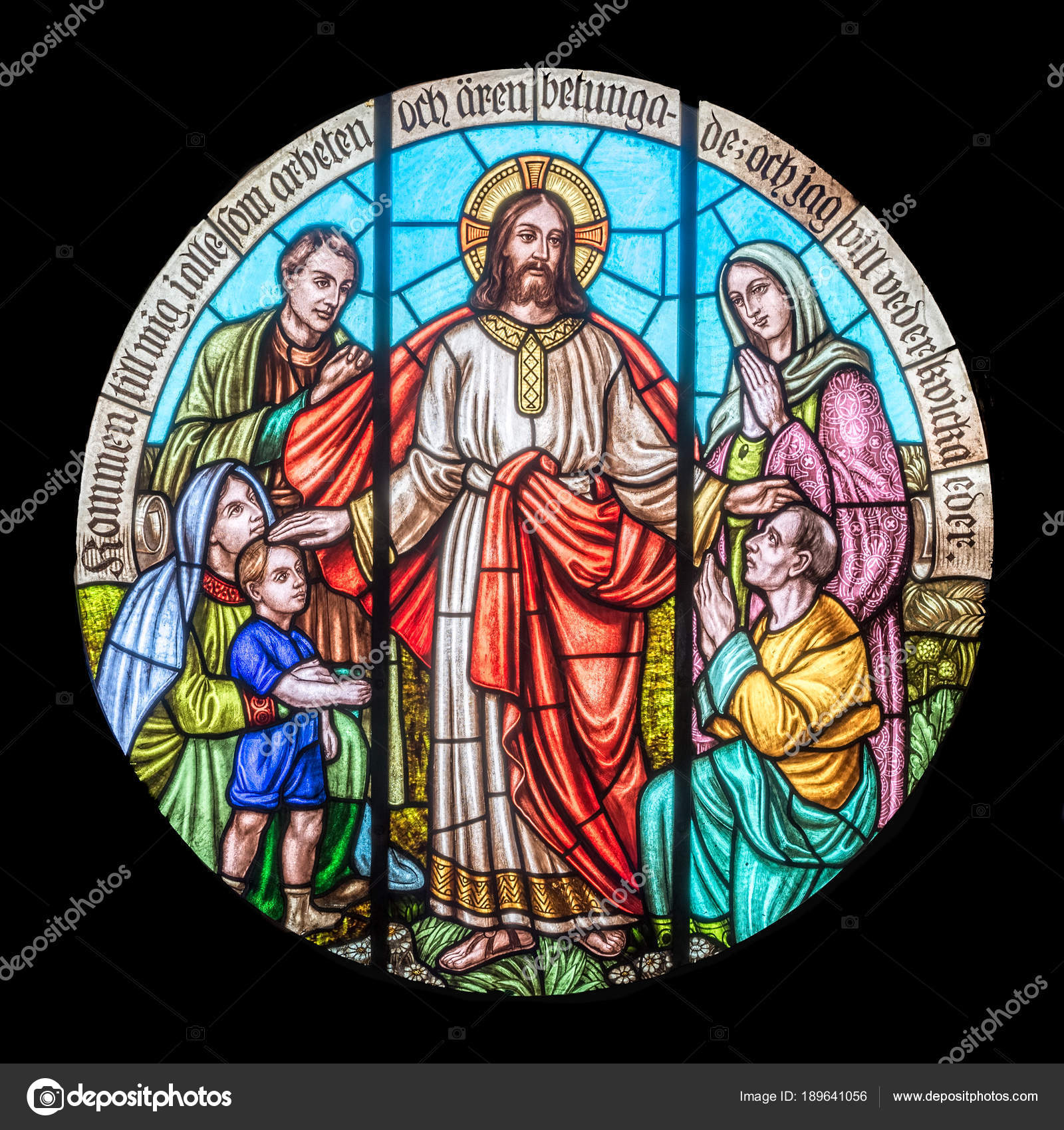 Jesus blessing children, a round stained glass window Stock ...
