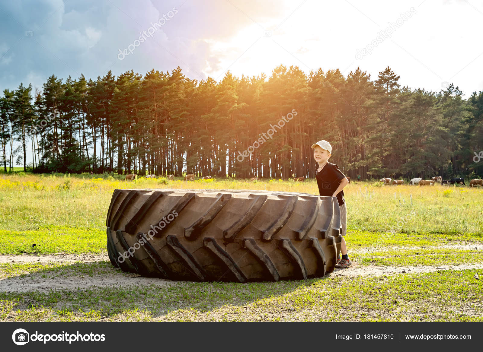 Little boy pushes a large wheel of the tractor in a forest — Stock ...