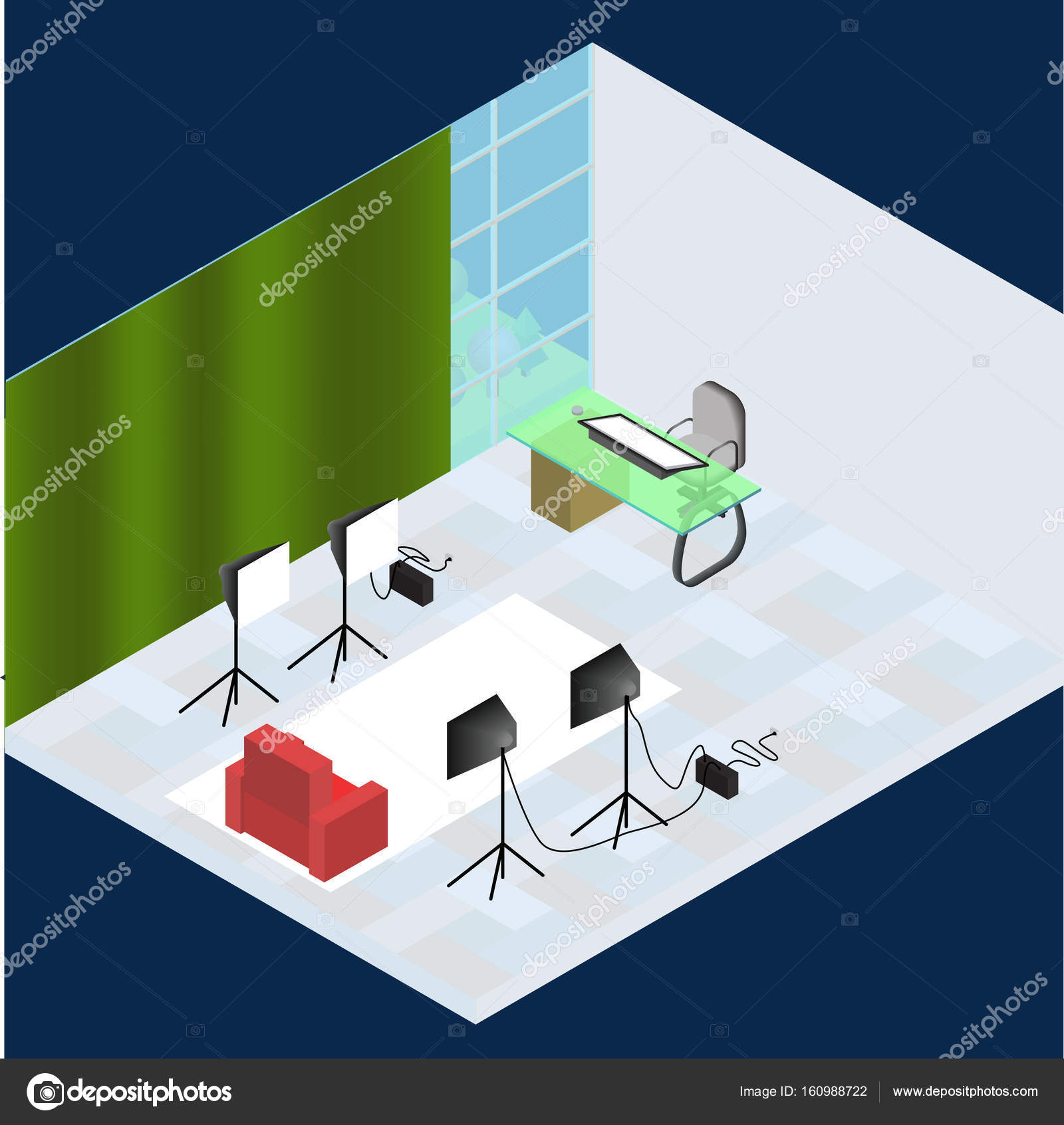 Isometric photo studio room interior with workplace, equipment ...