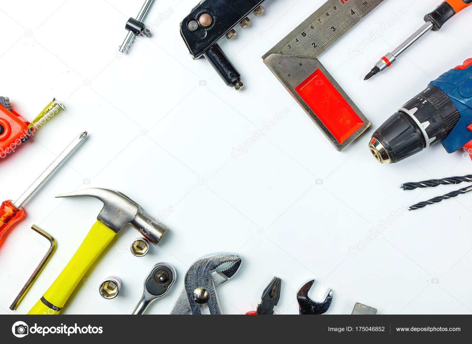 Top view of Working tools,wrench,socket wrench,hammer,screwdrive Stock ...