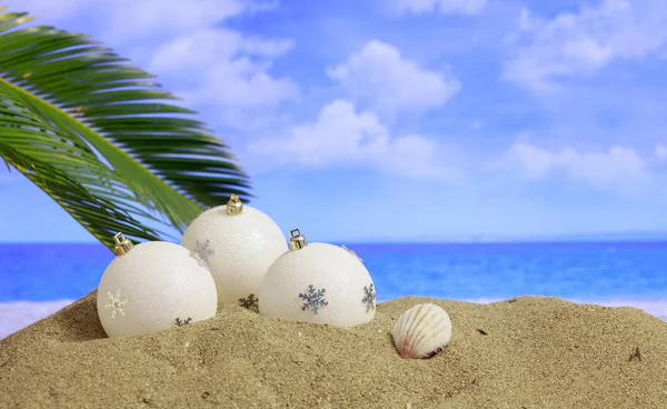 Happy holidays beach scene with christmas balls Stock Photos, Royalty ...