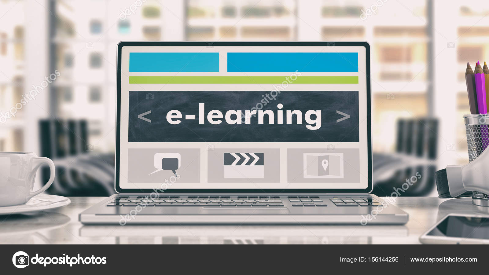 E- learning concept. Laptop in an office. 3d illustration — Stock Photo ...