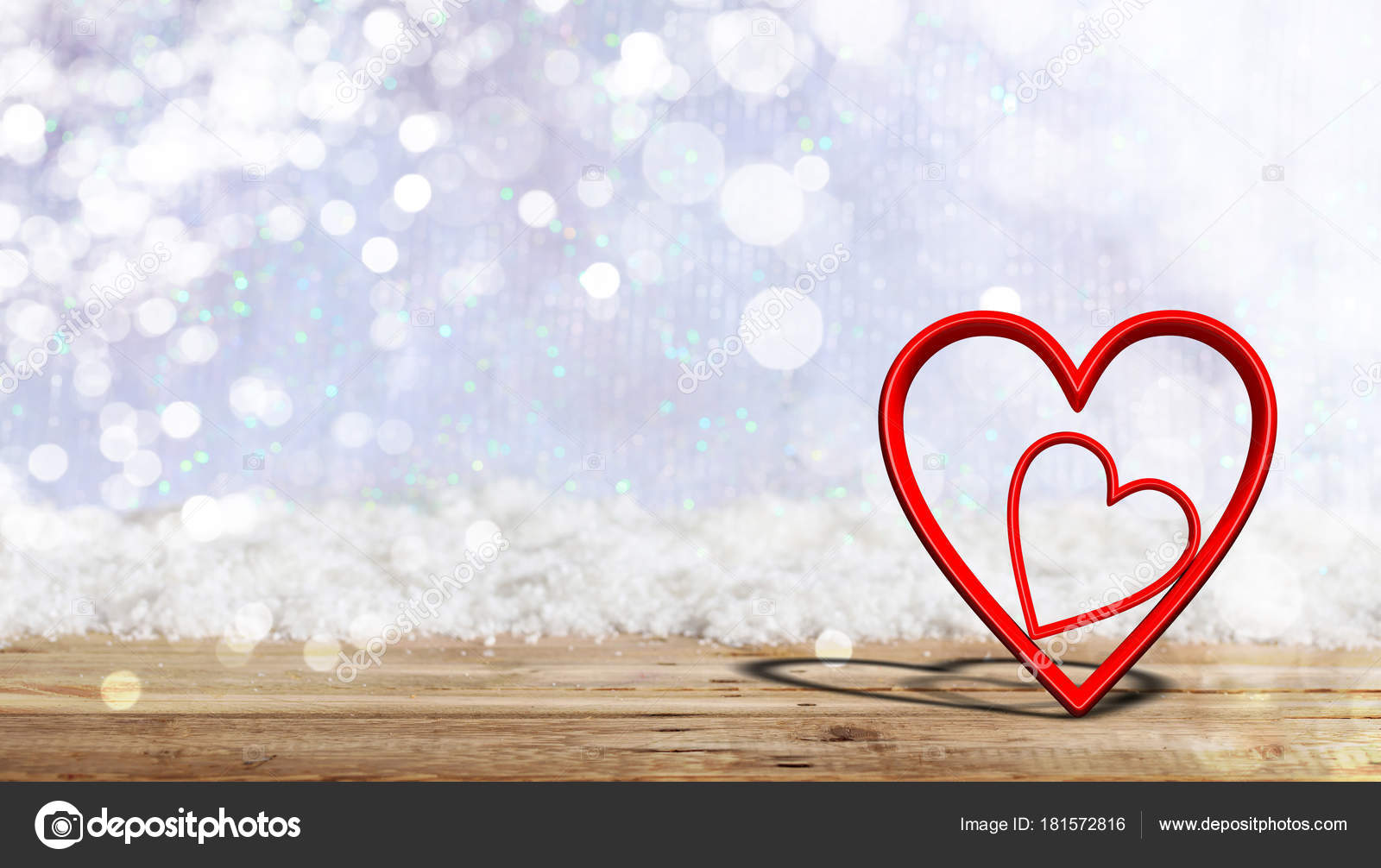 Valentine's day. Red attached hearts on blur snow background, banner ...