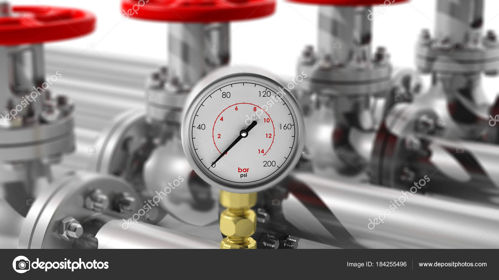 Industrial manometer on blur pipelines and valves background. 3d ...