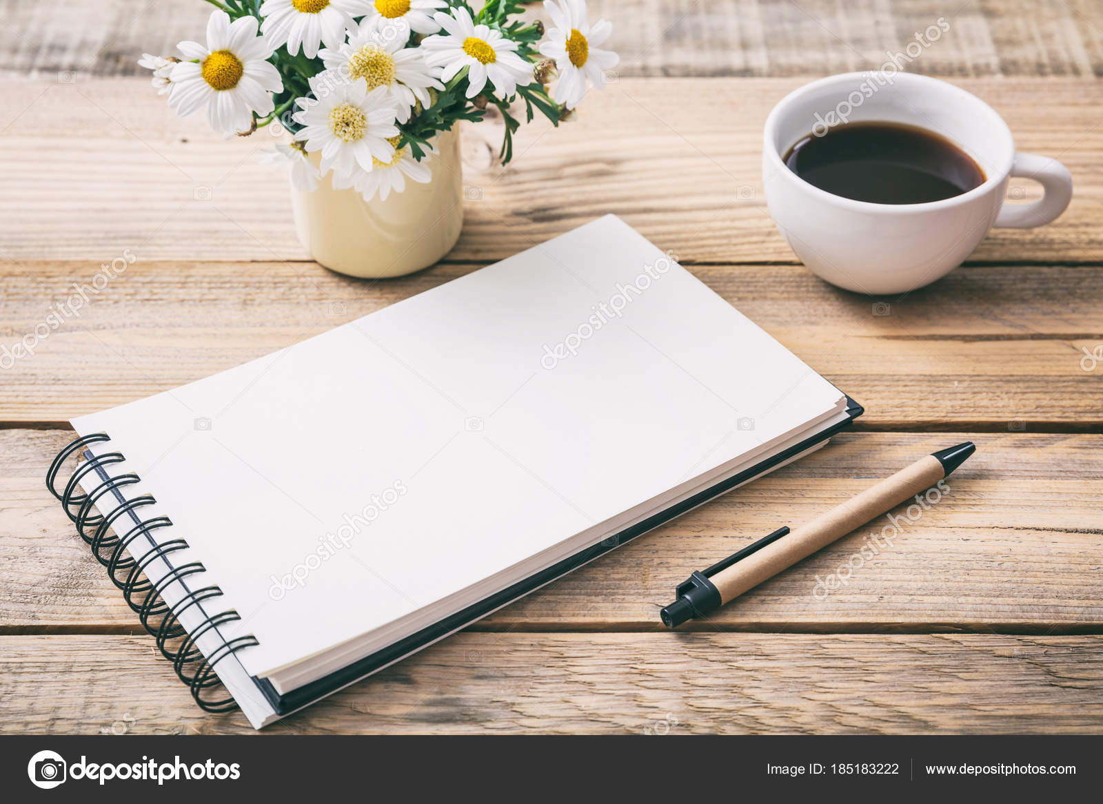 Blank empty notebook, wooden background, view from above, copy space ...