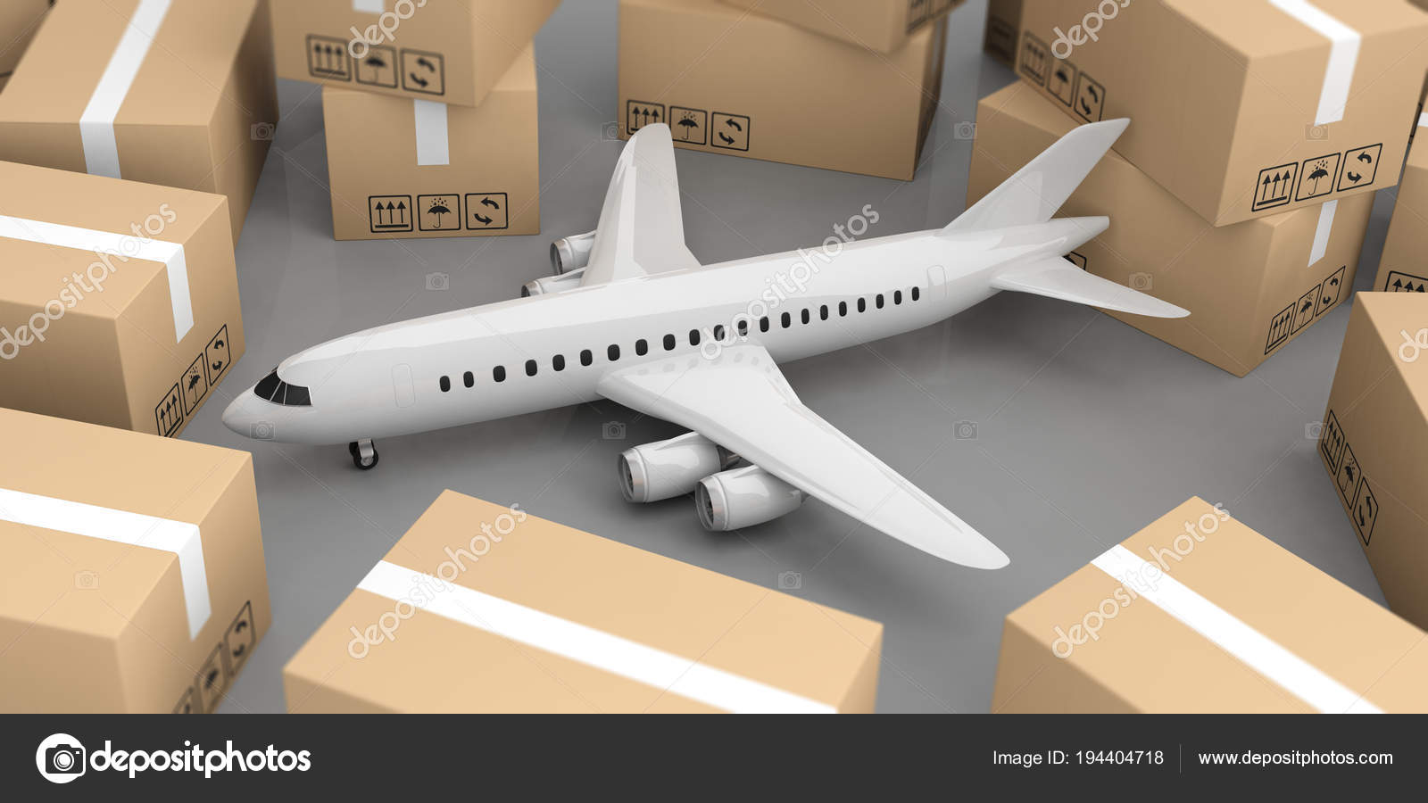 White airplane with four engines and moving boxes on grey background ...