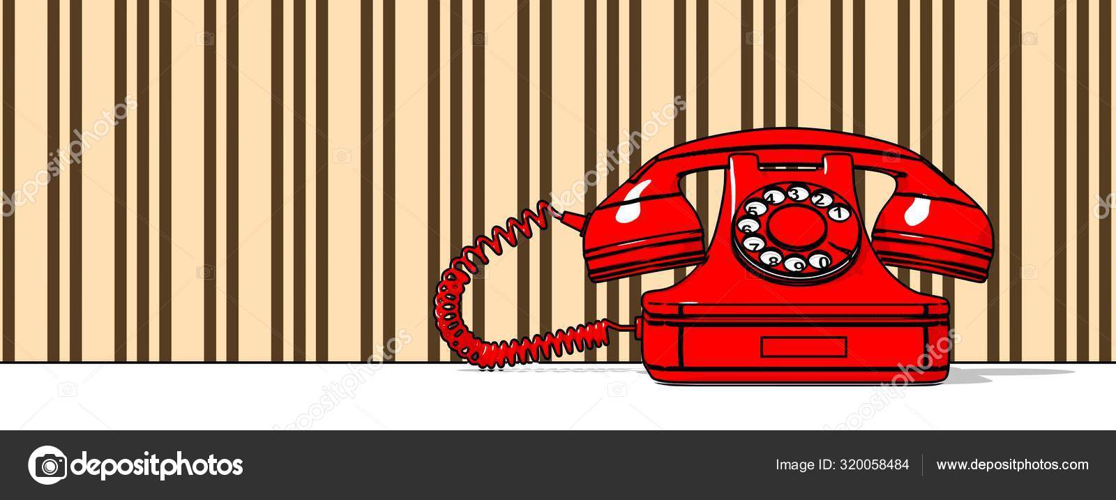 Red old telephone comic, toon on vintage wallpaper background ...