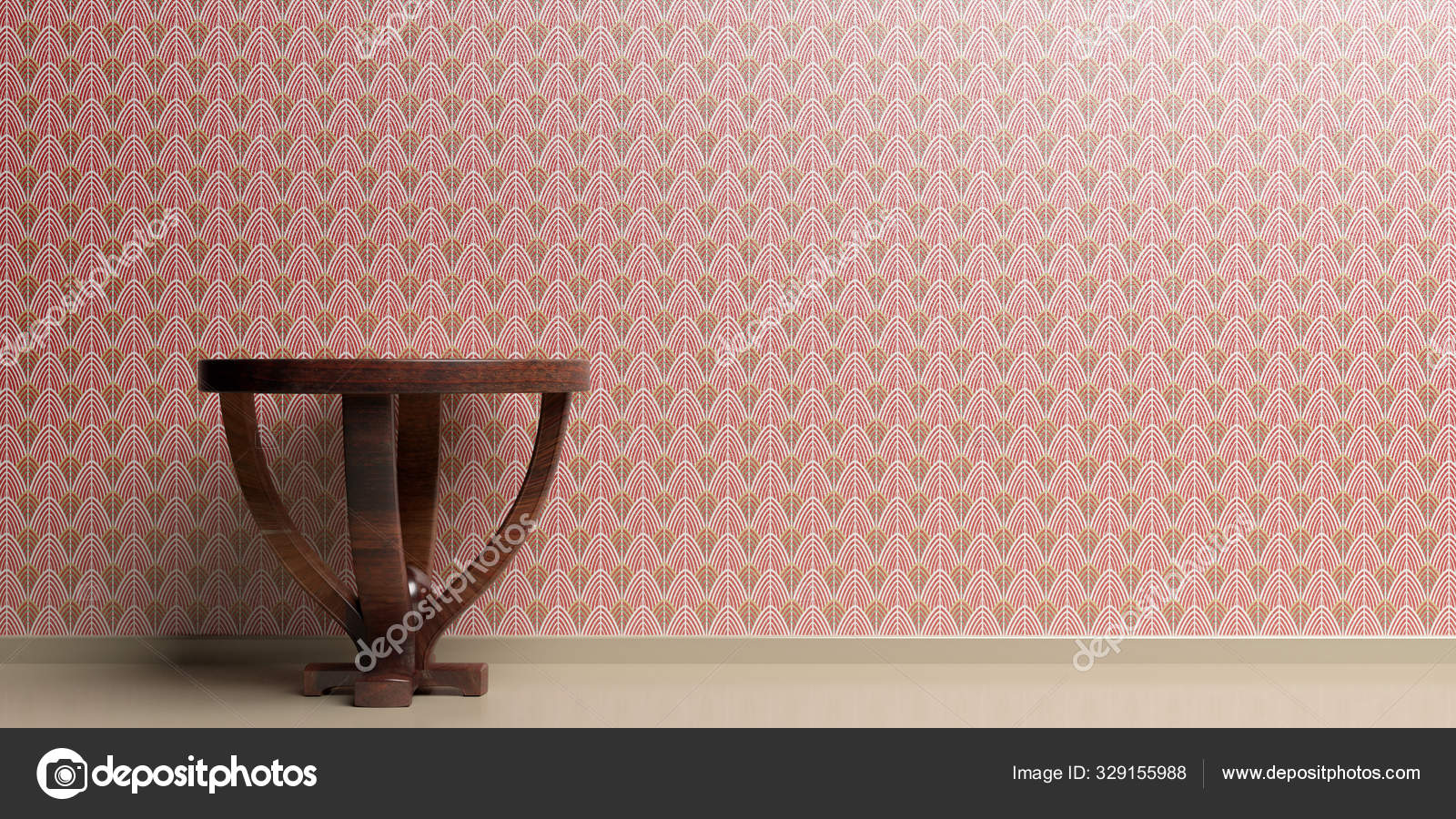 Table on wallpaper red color background. Art Deco style decoration. 3d ...