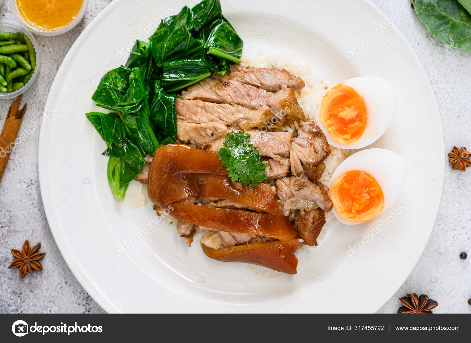 Pork Leg Rice. Pork knuckle rice Thailand. Pork Leg Stew with Ri ...