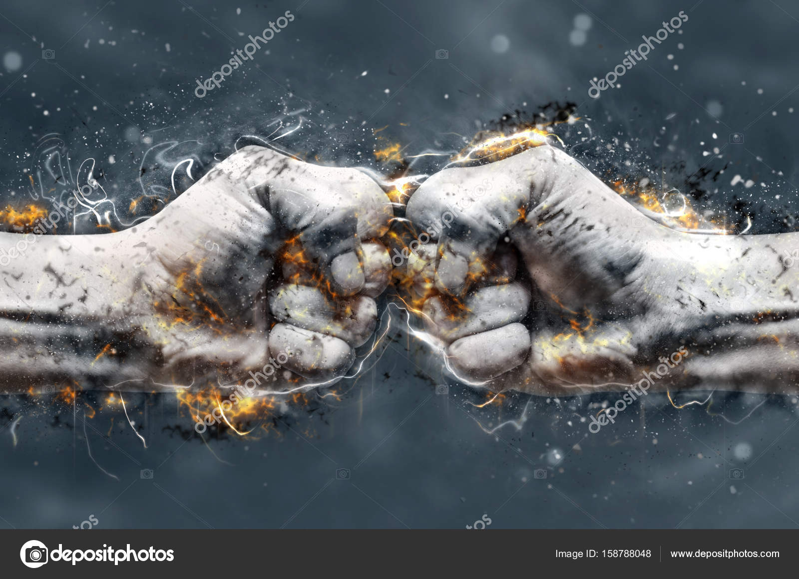 Fight, two fists hitting each other. Fire illustration. Stock ...