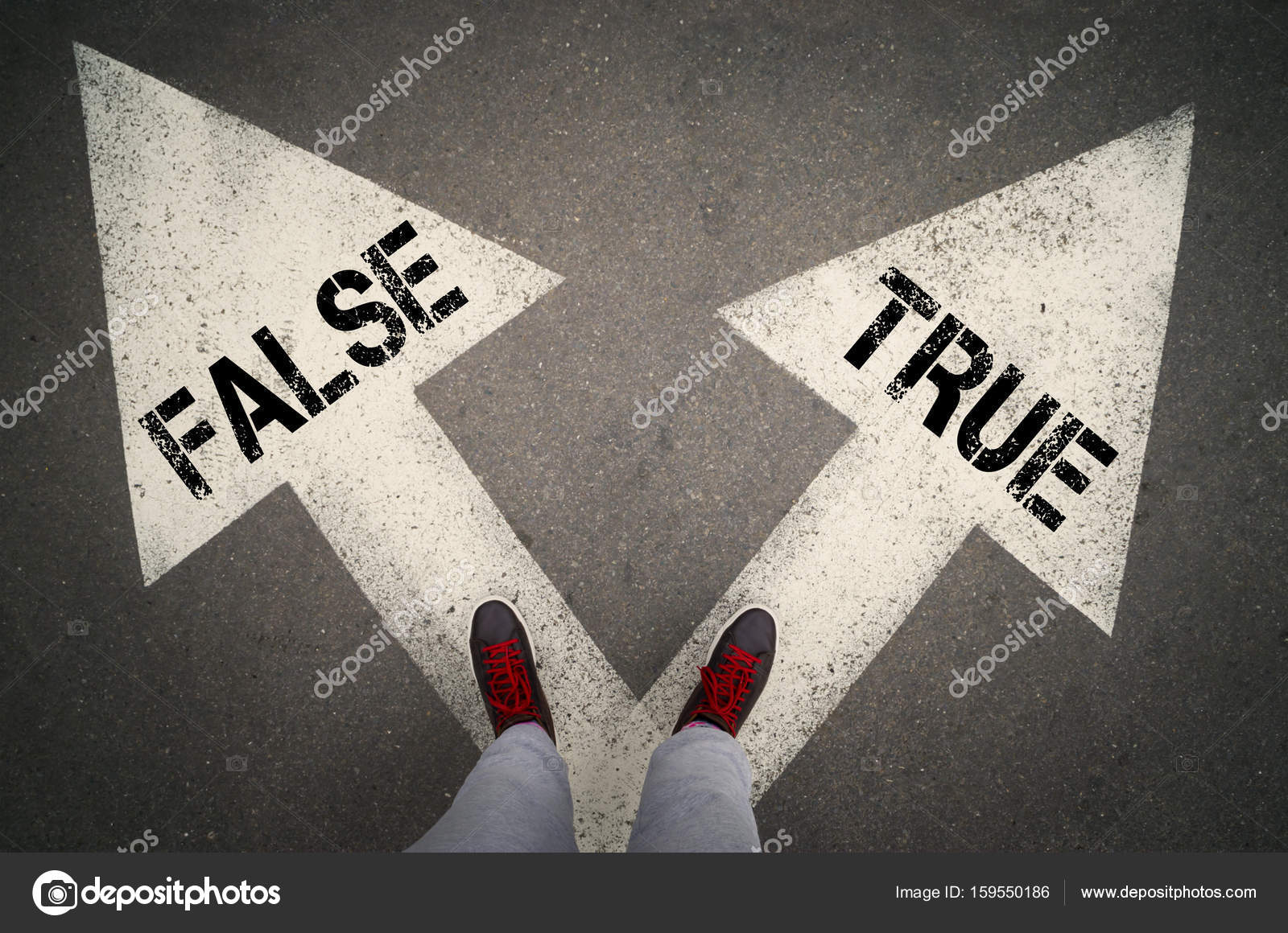TRUE versus FALSE written on the white arrows, dilemmas concept. Stock ...