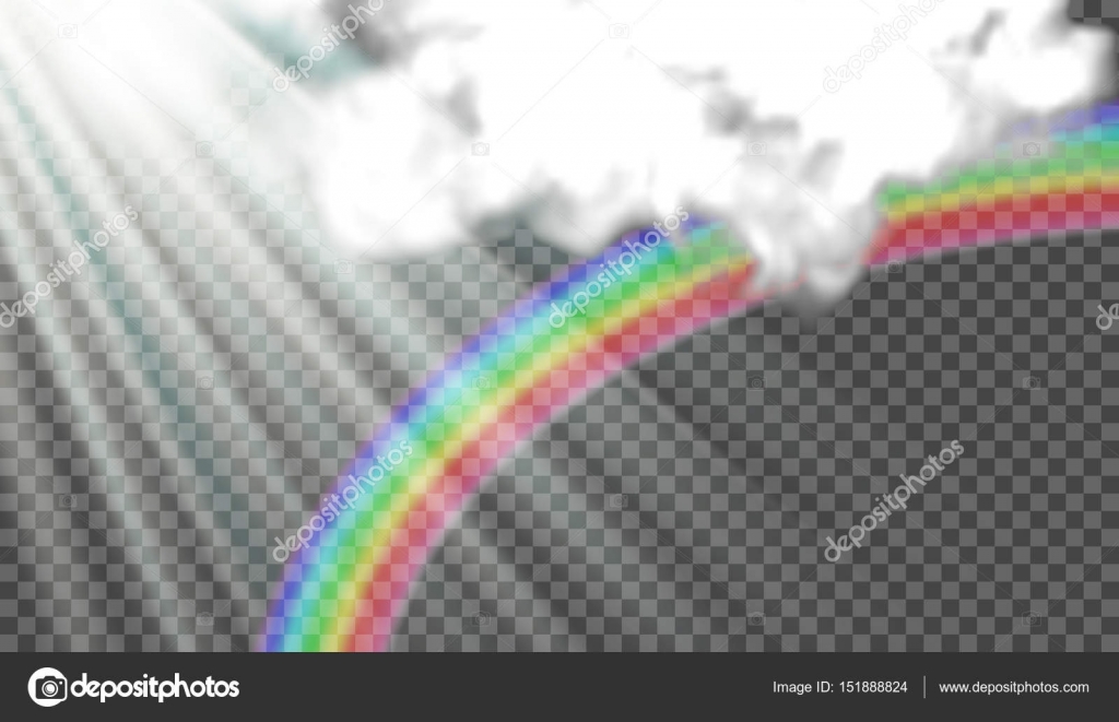 Vector illustration of sun rays, rainbow after rain, storm clouds. On a ...