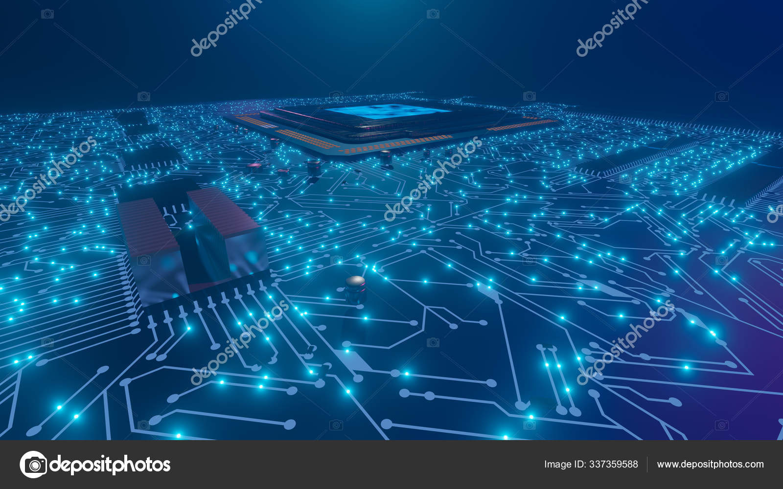 3D rendering. AI. Circuit board. Technology background. Central ...