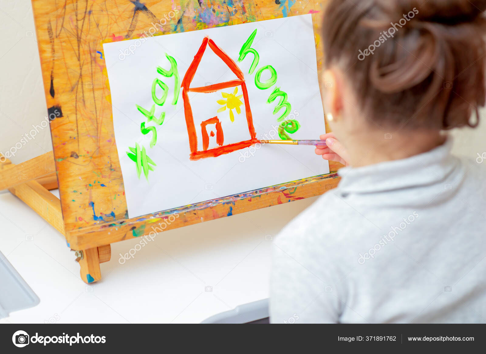 Child Drawing Red House Words Stay Home White Sheet Paper Stock Photo ...