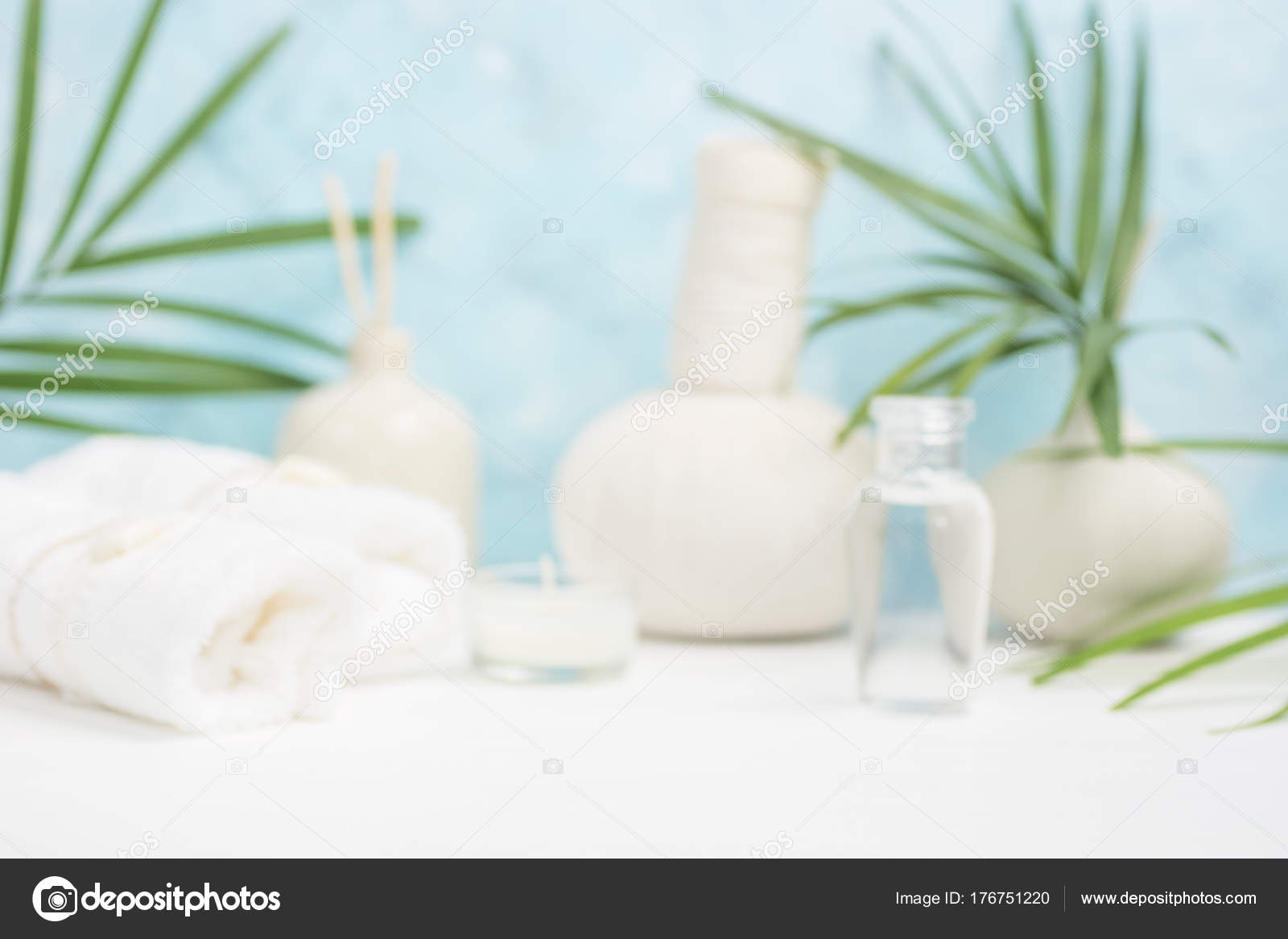 Spa Background Thai Massage Bag Cosmetics Towels Palm Leaves Blue Stock ...
