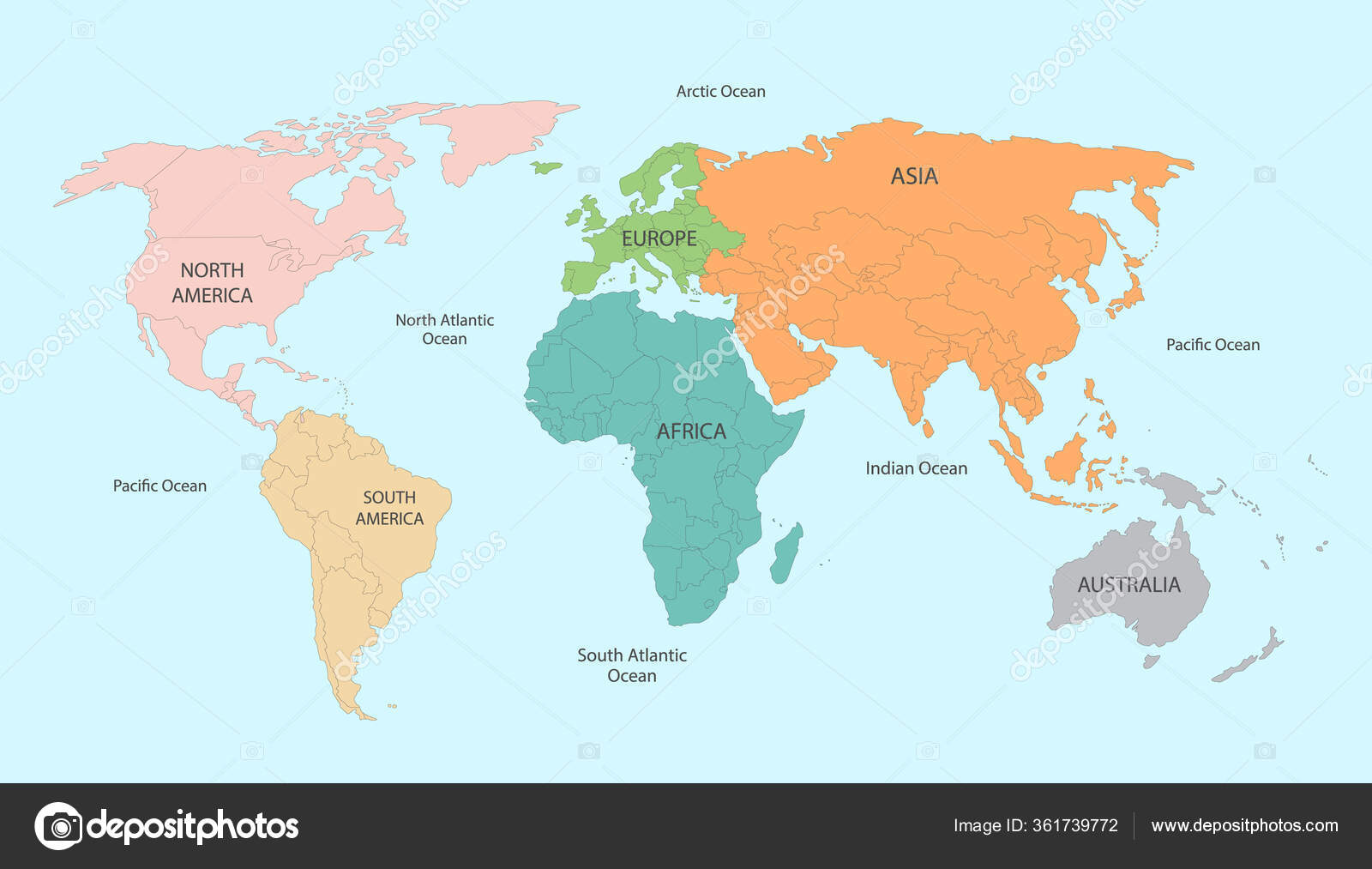 Mapa Del Mundo Dividido Seis Continentes Diferentes Colores Mapa Del ...