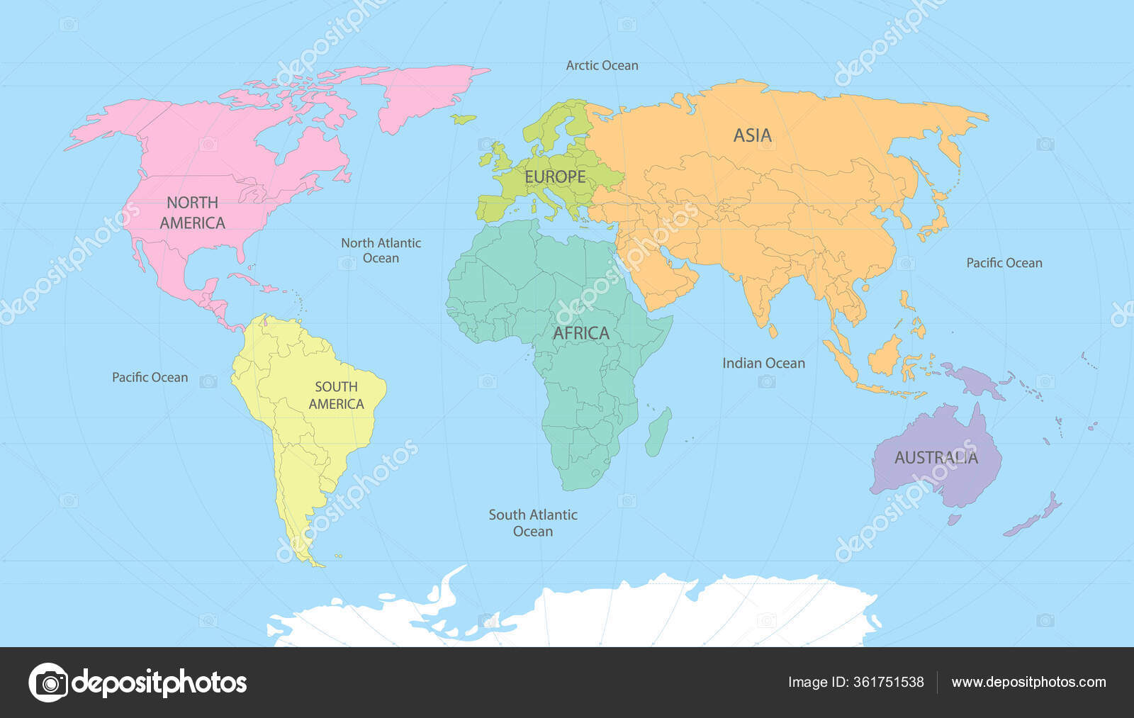 World Map Divided Six Continents Different Color World Map Continents ...