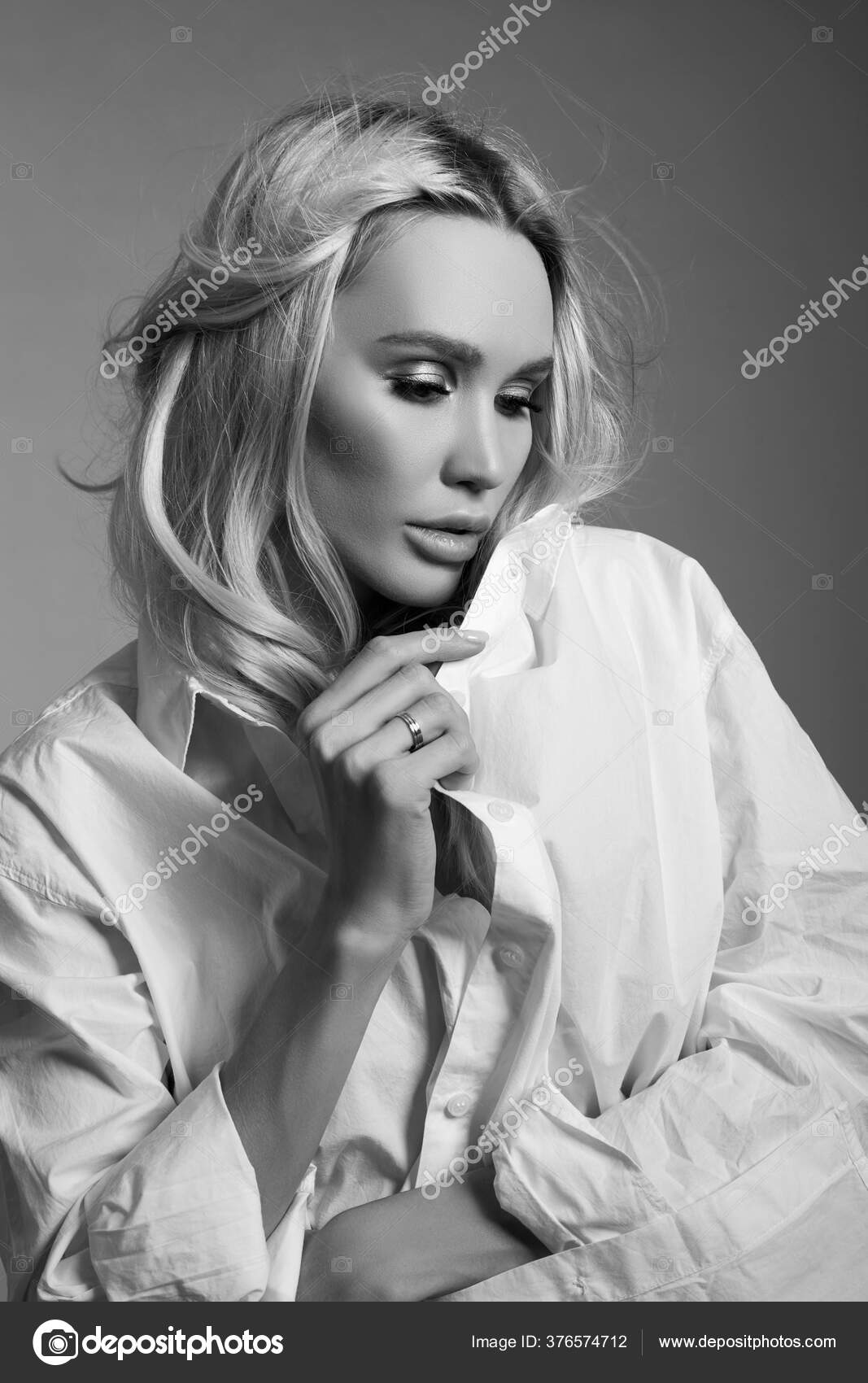Blonde Woman Hair Flying Wind Close Portrait Girl White Shirt Stock
