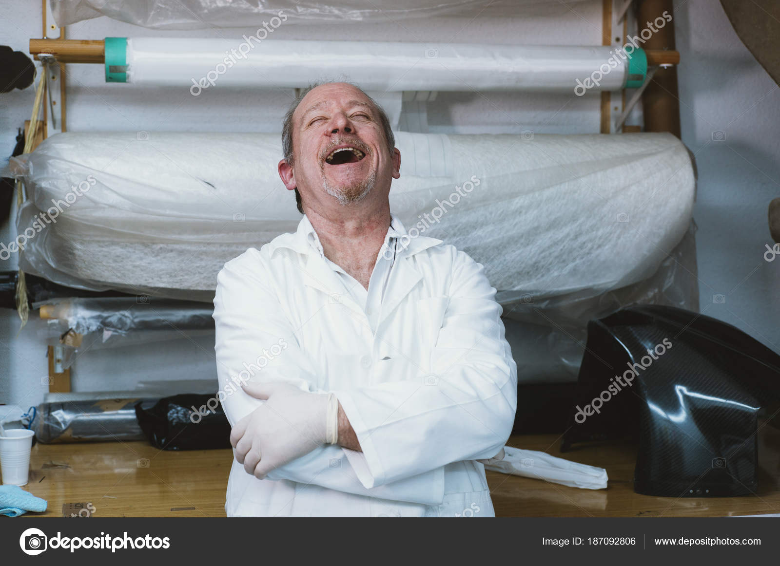 Portrait 59 year old man working at the fiber workshop Stock Photo by ...
