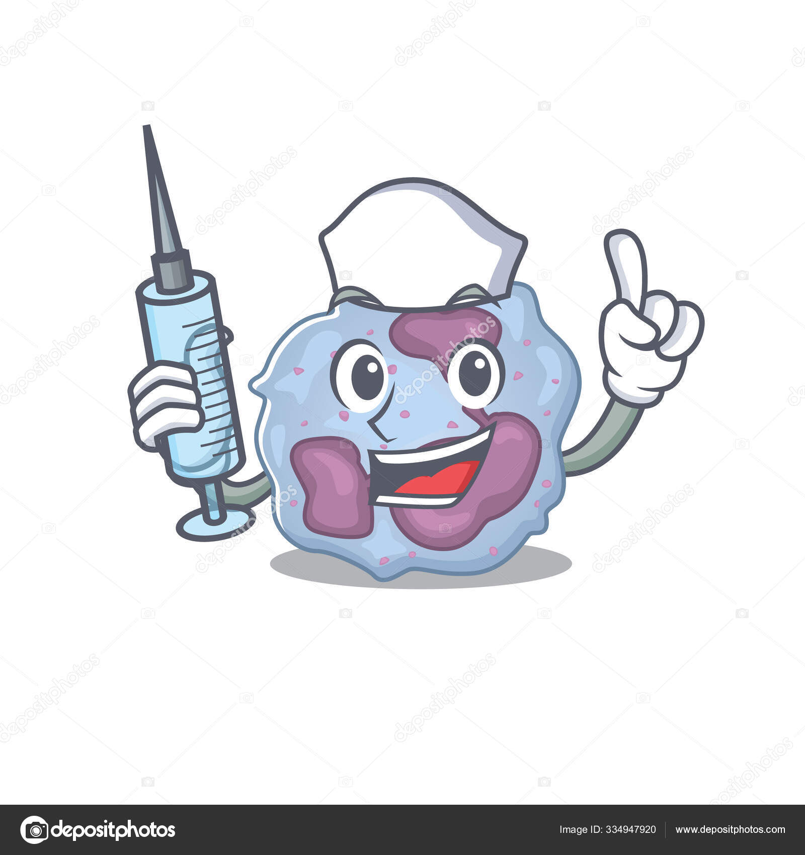 Karakter kartun sel leukosit Perawat Smiley dengan jarum suntik Vektor ...
