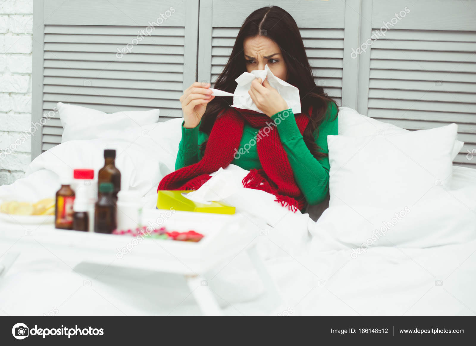 Very High Body Temperature Young Sick Woman Red Scarf Measures Stock ...