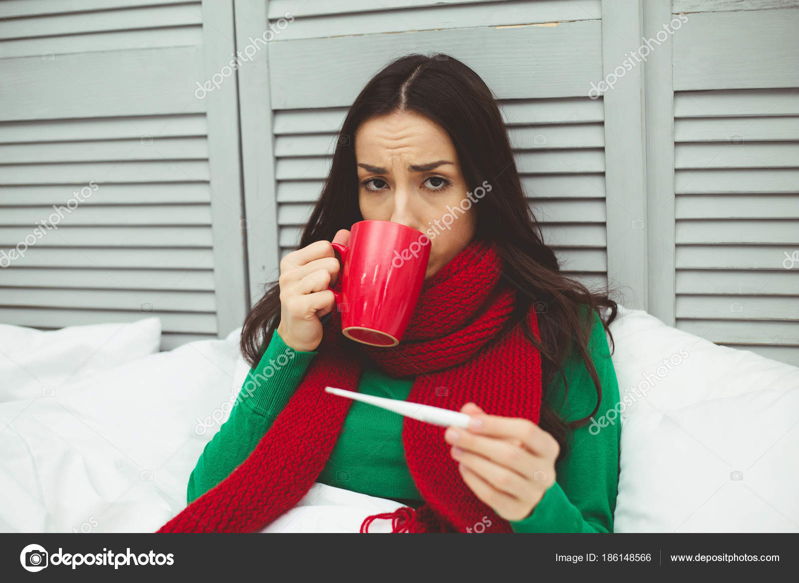 Very High Body Temperature Young Sick Woman Red Scarf Measures Stock ...