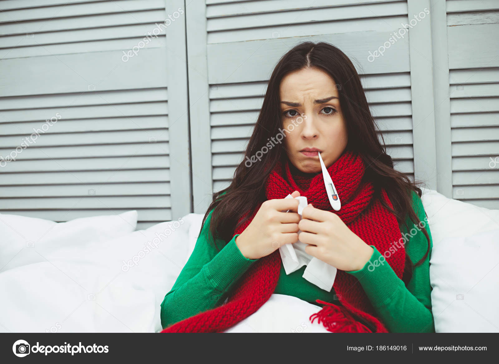 Very High Body Temperature Young Sick Woman Red Scarf Measures Stock ...