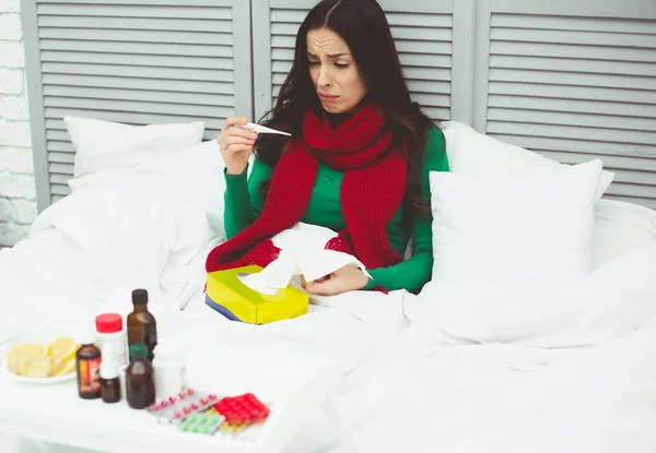 Very High Body Temperature Young Sick Woman Red Scarf Measures Stock ...