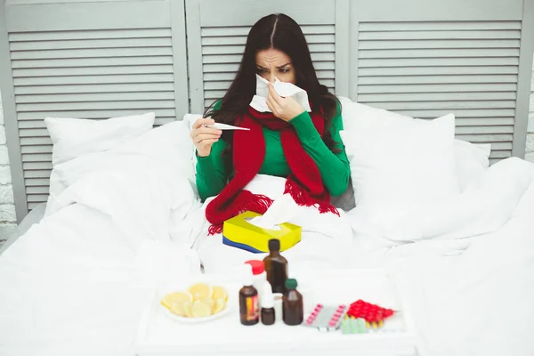 Very High Body Temperature Young Sick Woman Red Scarf Measures Stock ...