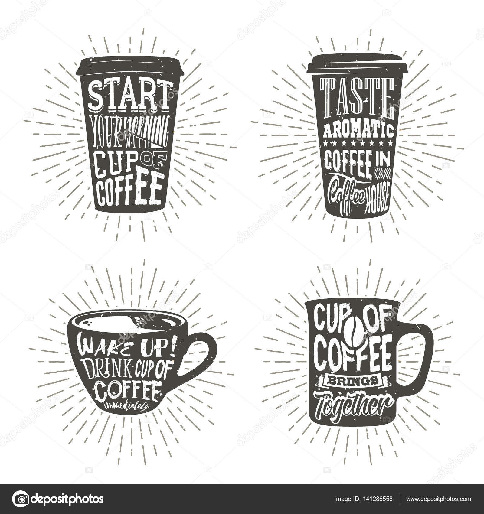 Set of cups silhouette with lettering and sunburst. Creative vector ...