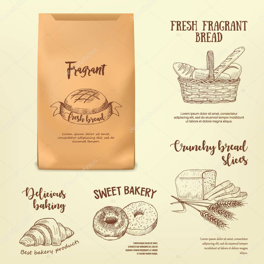 Set of hand drawn bread labels on paper bag mockup. Vector illustration ...