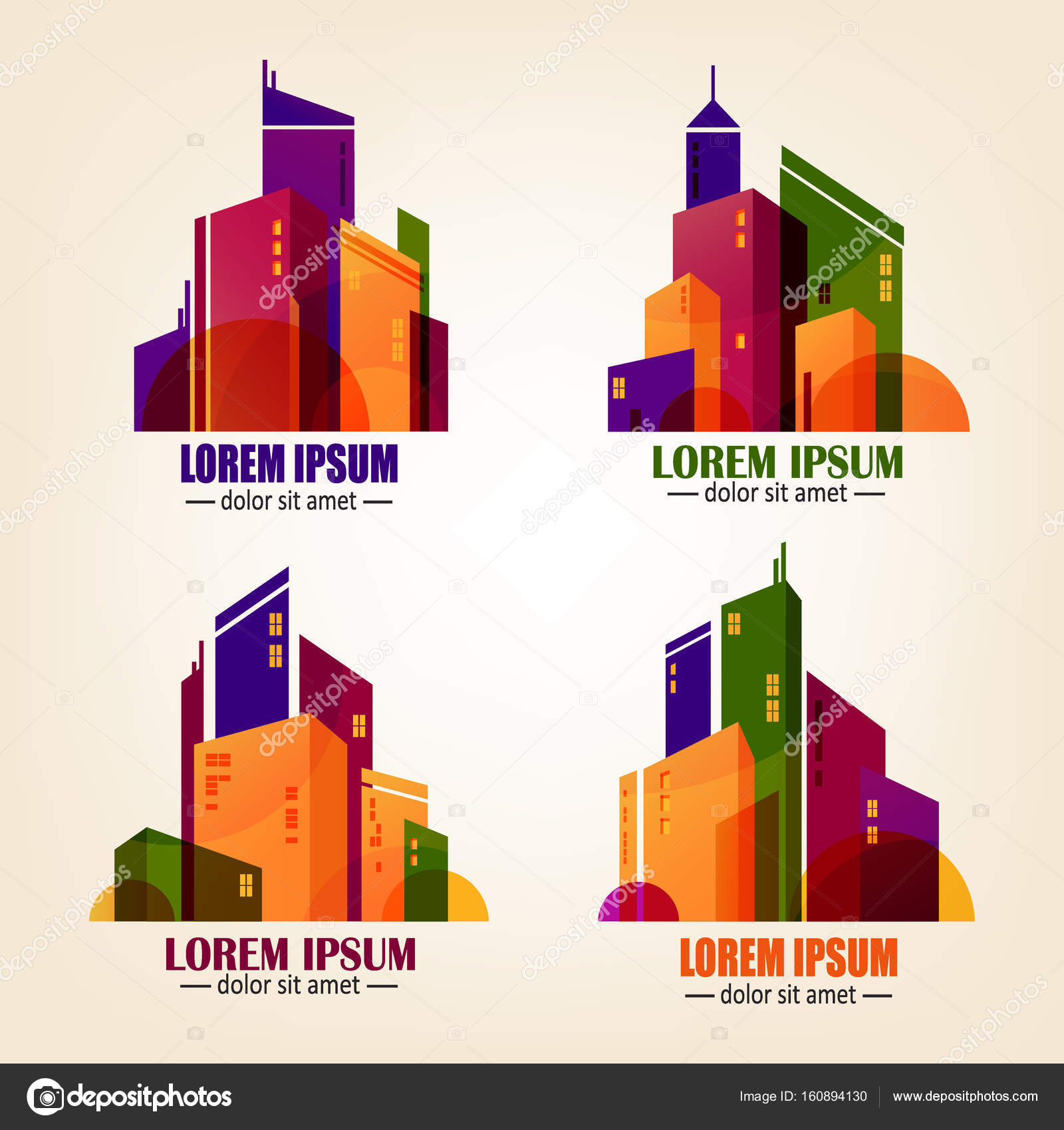 Set of city logos in flat design. Vector colourful buildings icons ...