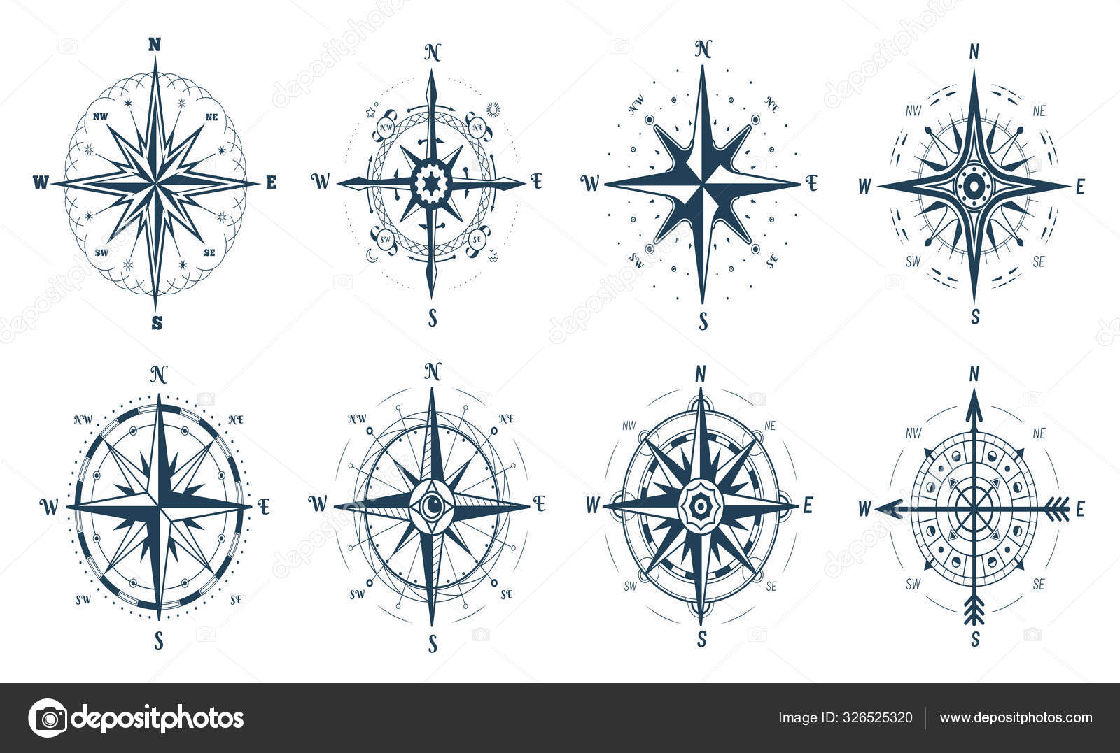 Set of wind rose compass, direction arrows Stock Vector Image by ...