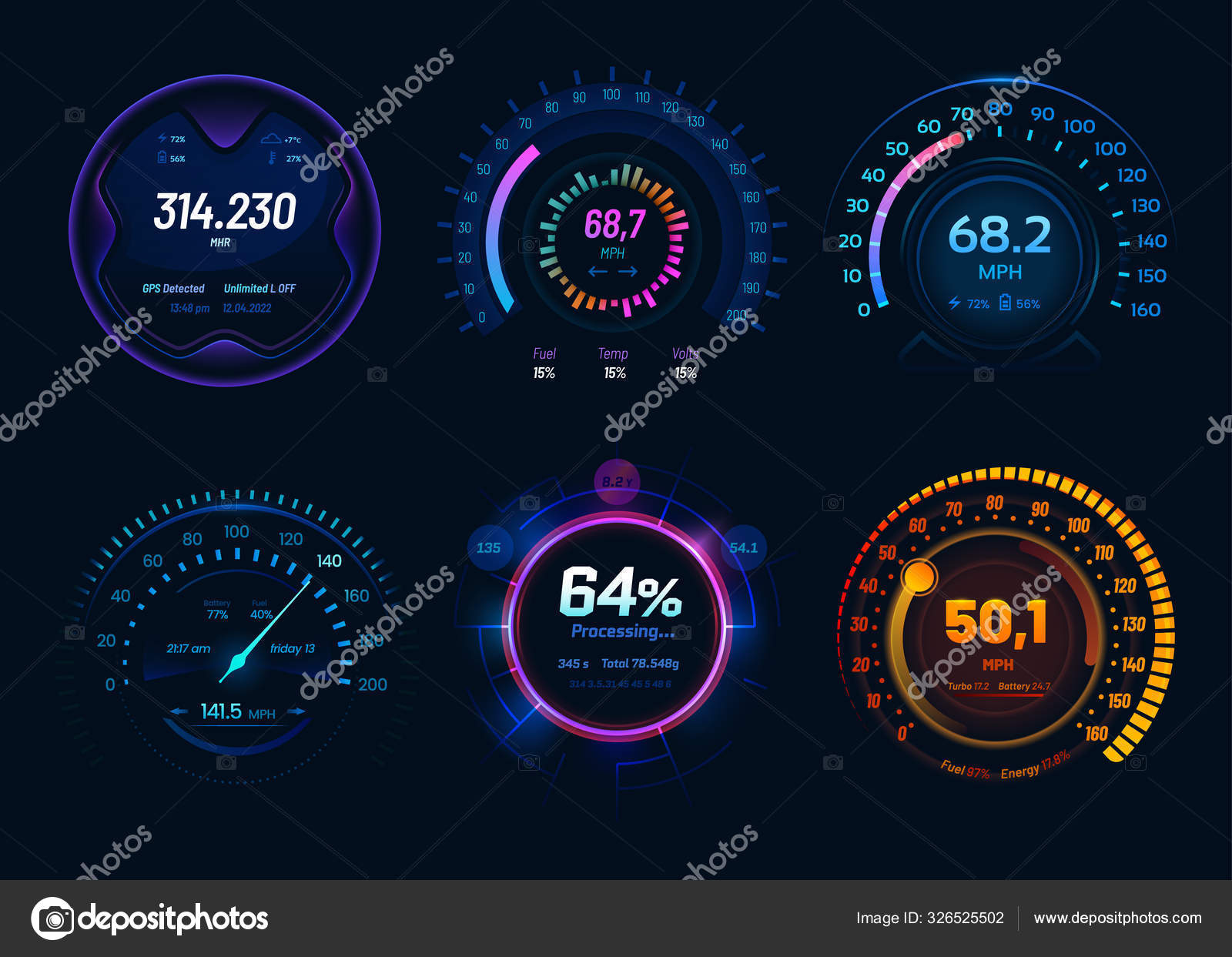 Car speedometer, digital neon LED light gauges Stock Vector Image by ...
