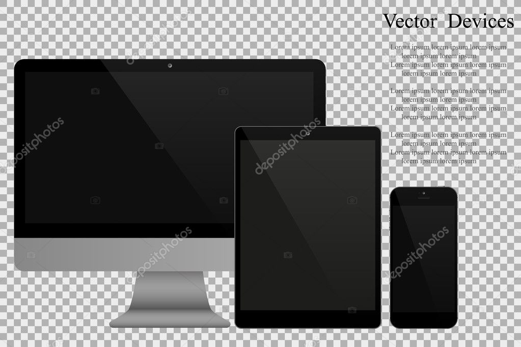 Set of realistic computer monitors, tablets and mobile phones. Electronic gadgets on isolated ...