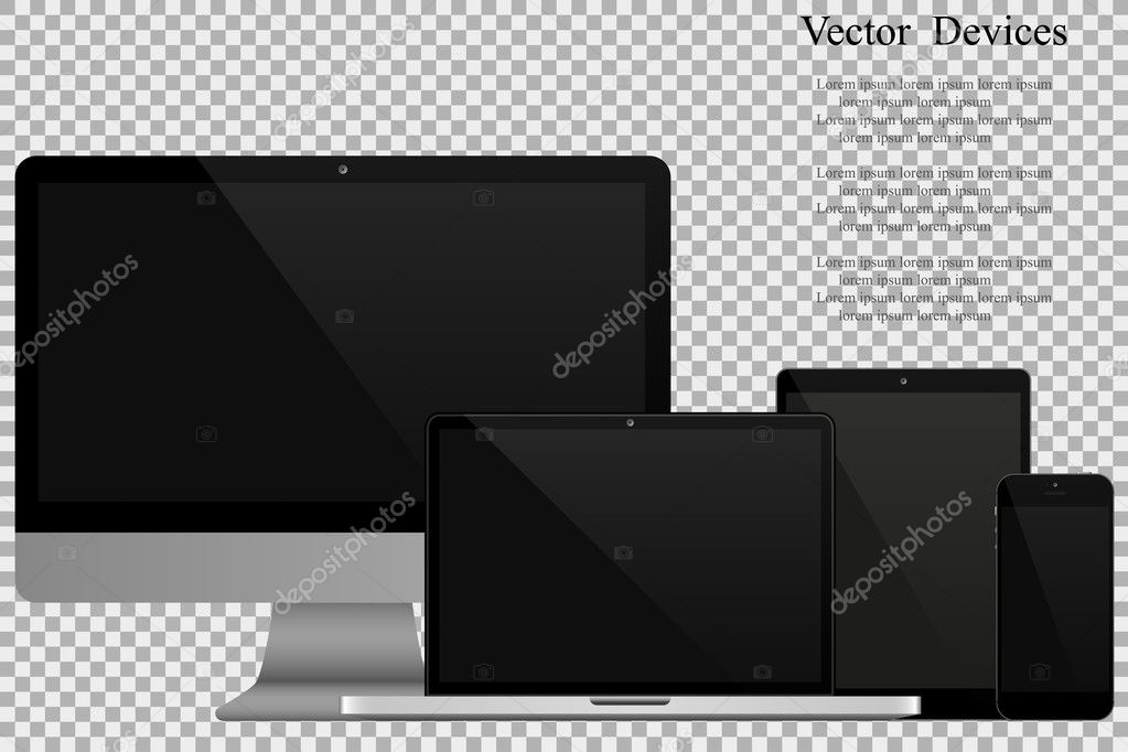 Set of realistic computer monitors, laptops, tablets and mobile phones. Electronic gadgets ...