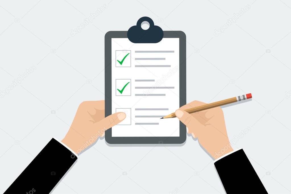 Checklist - vector illustration. Hand holding clipboard checklist with ... Checklist - vector illustration. Hand holding clipboard checklist with ...