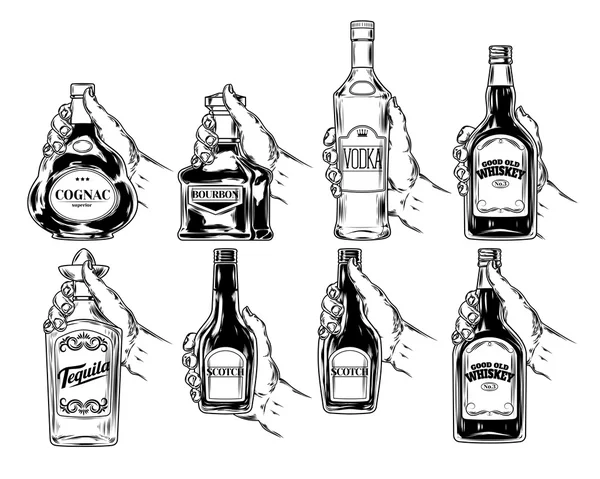 Vector set of bottles with alcohol and stemware — Stock Vector ...