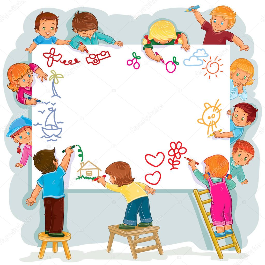 Happy children together draw on a large sheet of paper — Stock Vector ...