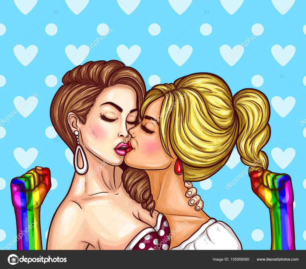Vector Pop Art Illustration Of A Lesbian Couple Kissing And Showing